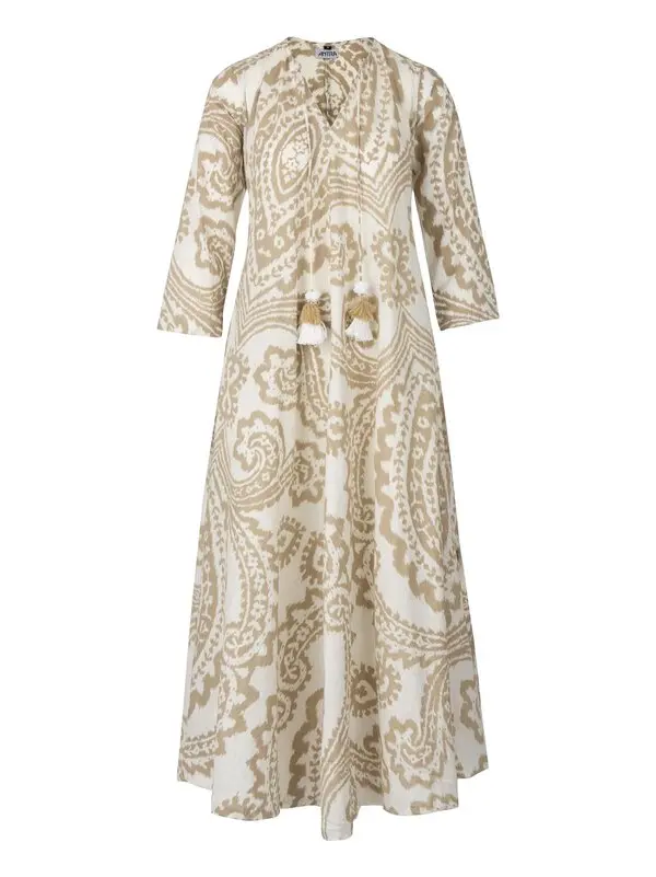 ANTRA DESIGNS Sunna Printed Cotton Kaftan With Tassels - White