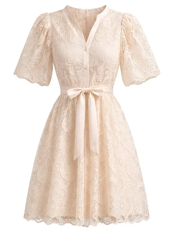 TANTRA SPAIN SL Lace Shirt Dress With Sequins, Pearl Buttons And Belt - Beige