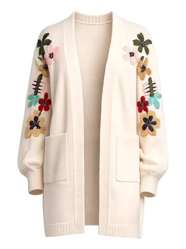 TANTRA SPAIN SL Long Knit Jacket With Floral Embroidery - Beige