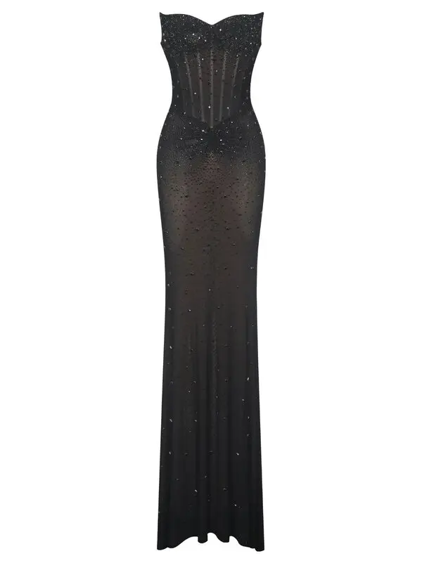 MISS CIRCLE NEW YORK Fatima Crystal Corset Mermaid Maxi Dress - Black