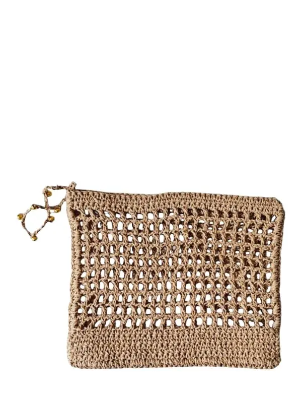 SPRINGMOONATELIER Raffia Mesh Clutch With Beaded Handle - White