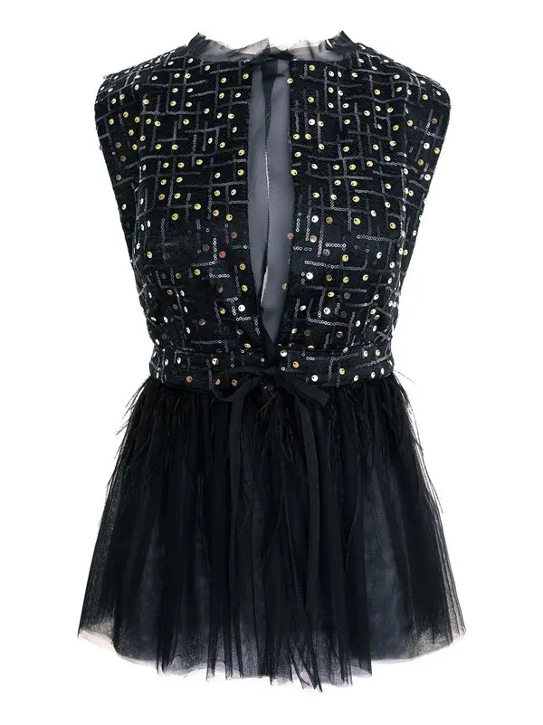CONCEPT A TROIS Sequin Embellished Vest With Tulle And Feather Detail - Black
