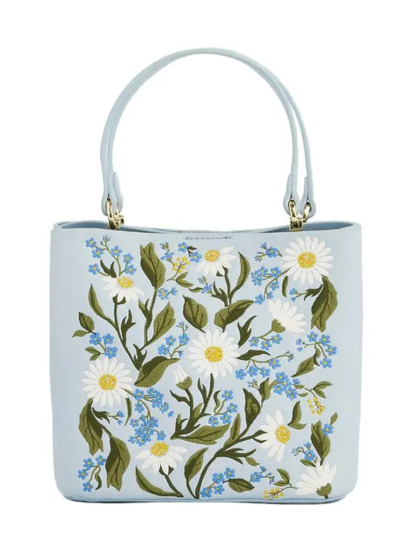 FABLE ENGLAND Emma Forget Me Not Embroidered Bucket Bag - Blue