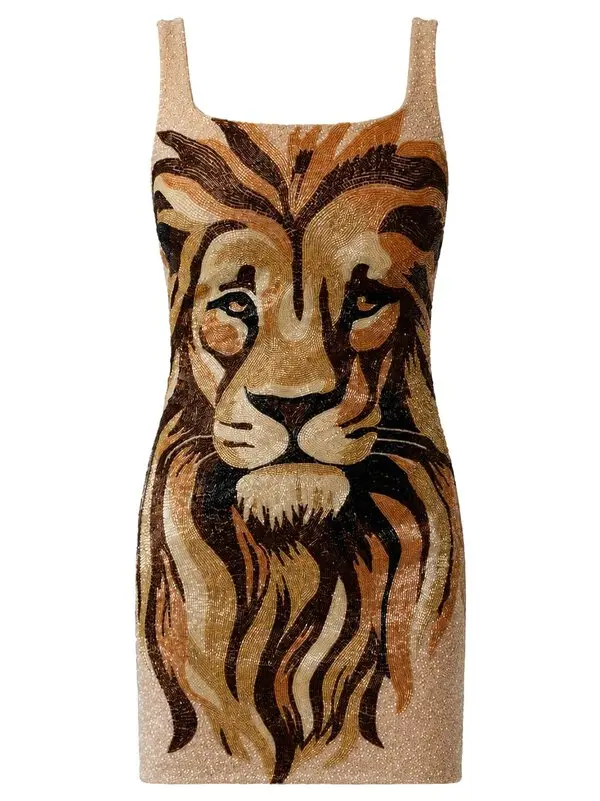 SELF-ADORE Embellished Lion Mini Dress - Brown