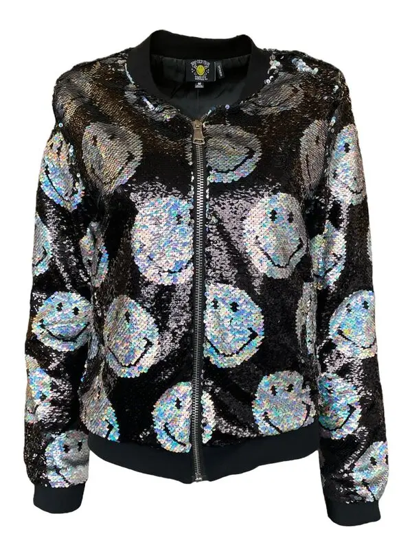 ANY OLD IRON Smiley Iridescent Sequin Bomber Jacket - Black/silver