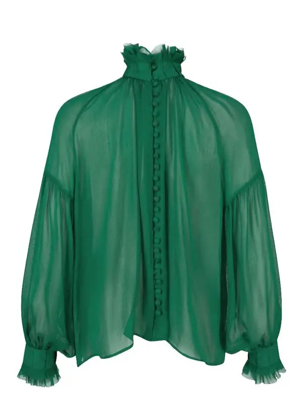 HELENE GALWAS Babett" Sheer Silk Blouse With Ruffle Details - Green