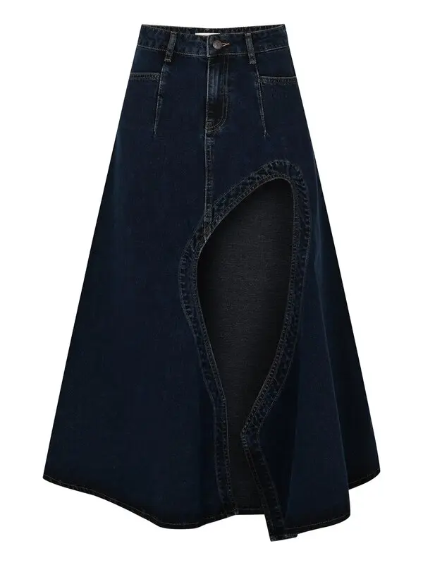 GOC DENIM Denim Maxi Skirt With Slit - Blue