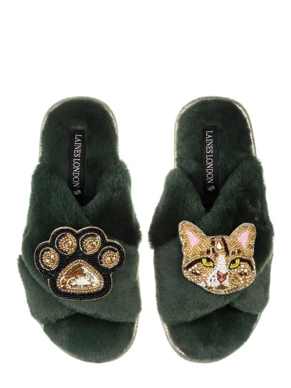 LAINES LONDON Classic Laines Slippers With Cat Brooches - Green