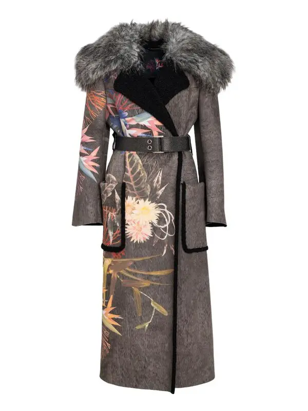 ARTISTA Floral Print Faux Fur Collar Maxi Coat - Black