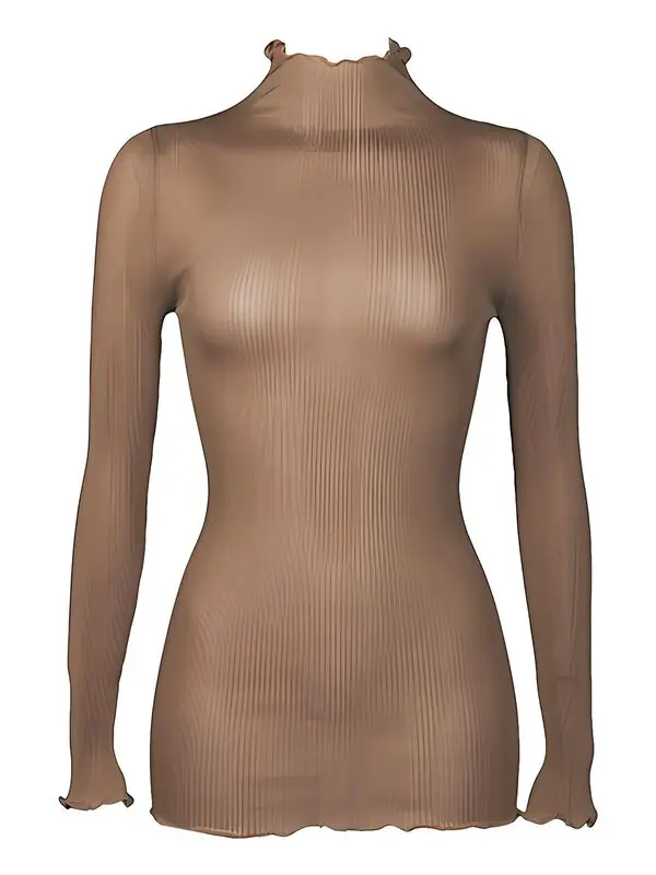 AROMATIQUE Ribbed Silk Turtleneck Top - Brown
