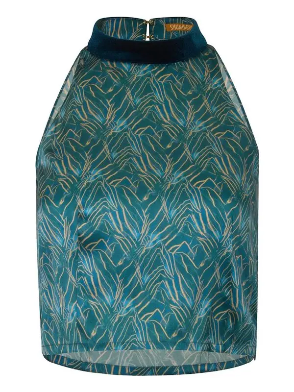 SHUMINGYU Velvet Collar Silk Crop Top With Spring Mountains Print - Blue