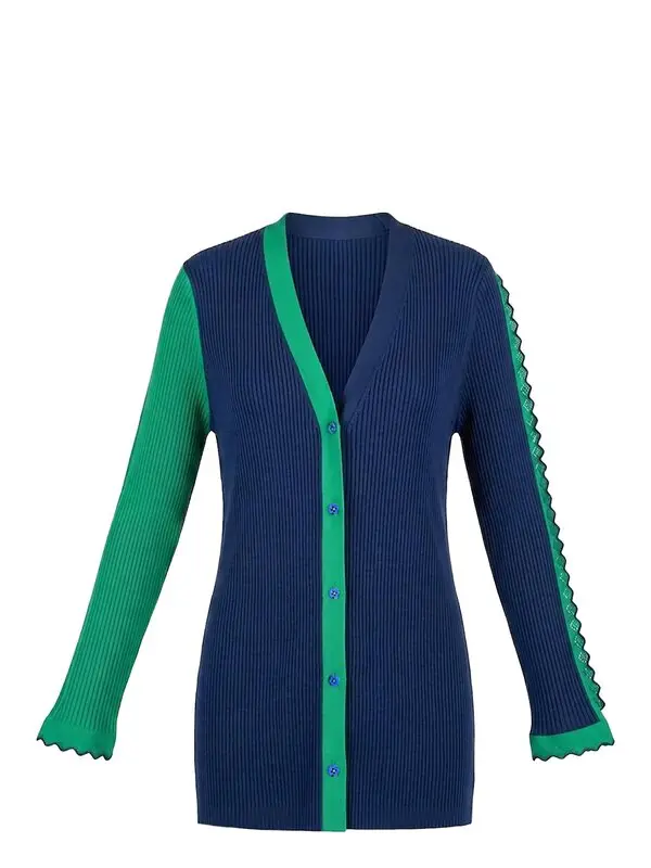 ARTO. Lace Trimmed Ribbed Knit Cardigan - Green