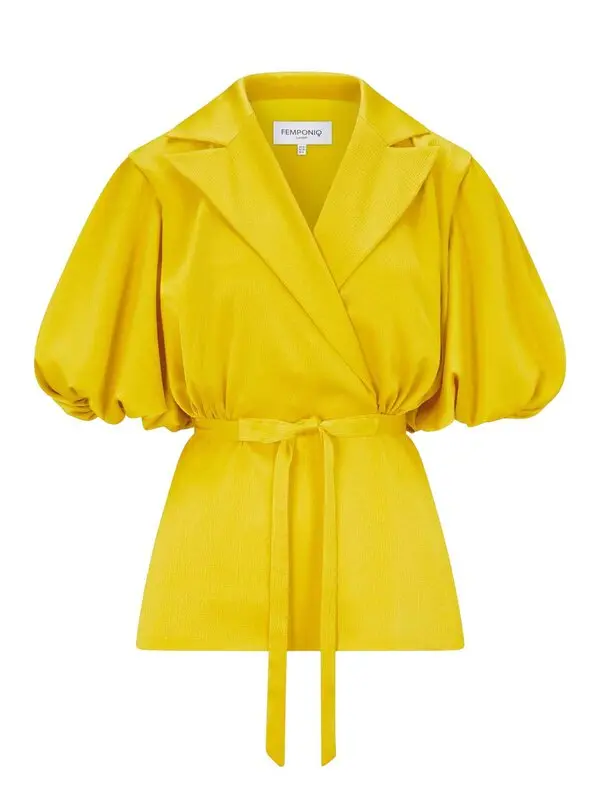 FEMPONIQ Draped Puff Sleeve Satin Blouse - Yellow