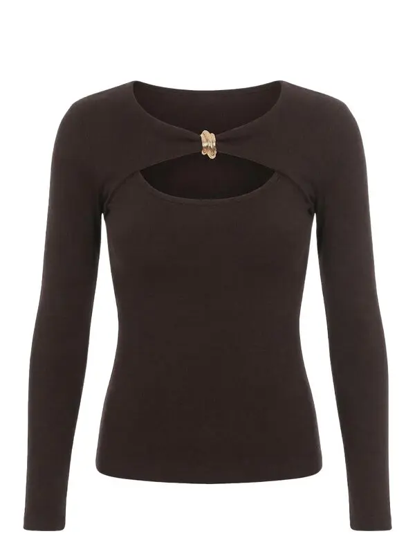 MONLICIA Gold Detail Cutout Long Sleeve Stretch Top - Brown