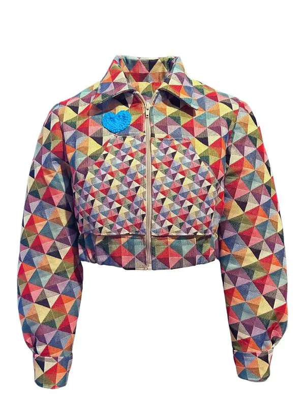 COUTURE TO YOUR DOOR Geometric Tapestry Cropped Jacket - Blue