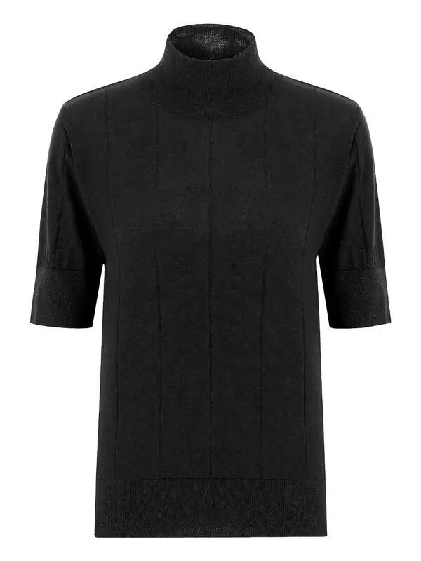 PERALUNA Betty High Neck Short Sleeve Knitwear Blouse - Black