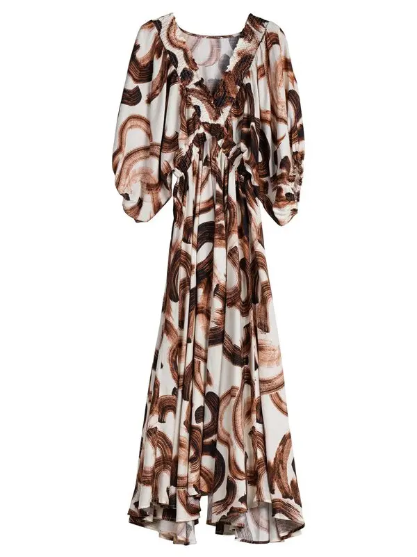 TANTRA SPAIN SL Printed Maxi Dress With Puffed Sleeves And Ruffled V-neck - Brown