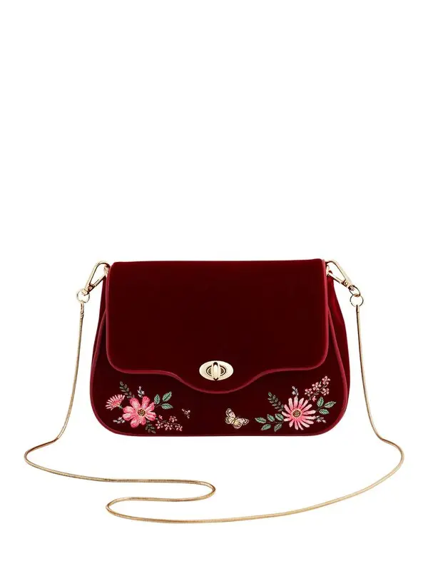 FABLE ENGLAND Floral Embroidered Velvet Clutch - Red