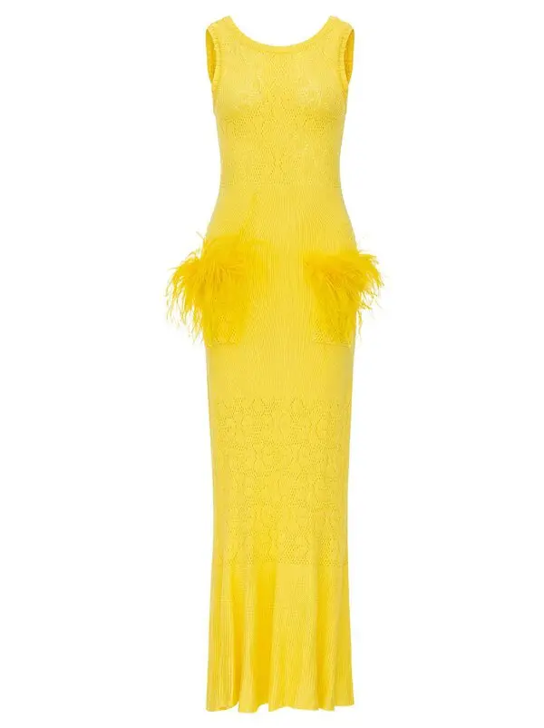 ANDREEVA Knit Dress With Ostrich Feather Pocket Details - Yellow