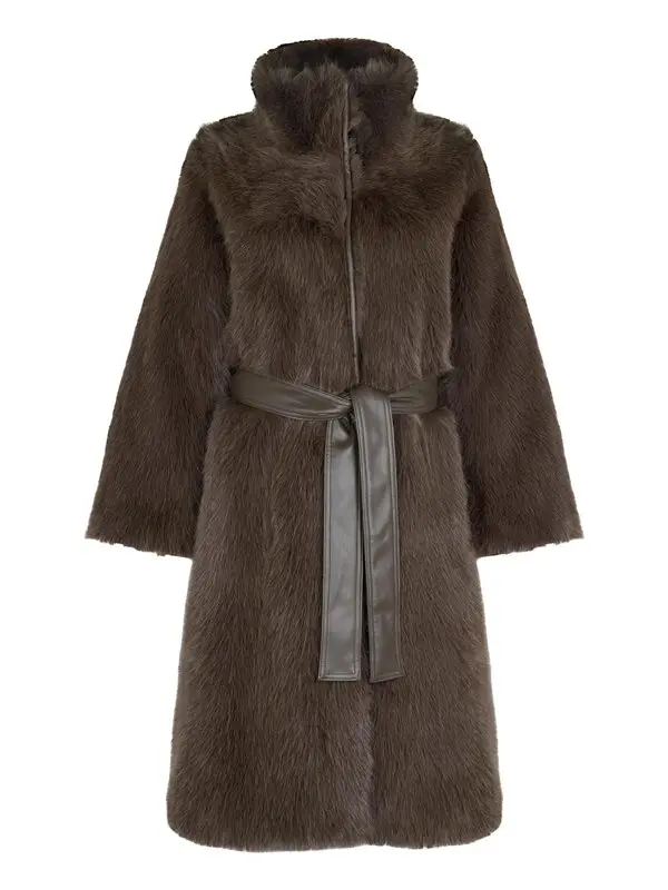 ISSY LONDON Cleo Luxe Recycled Vegan Faux Fur Belted Coat - Brown