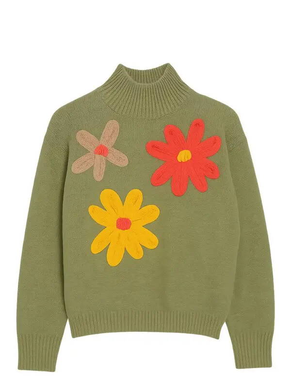 YUMI Knitted High Neck Jumper With Applique Flowers - Green