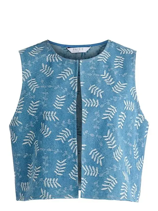PAISIE Denim Leaf Pattern Gilet - Blue