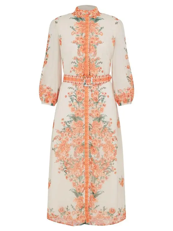 RAISHMA Rose Floral Belted Midi Shirt Dress - Orange