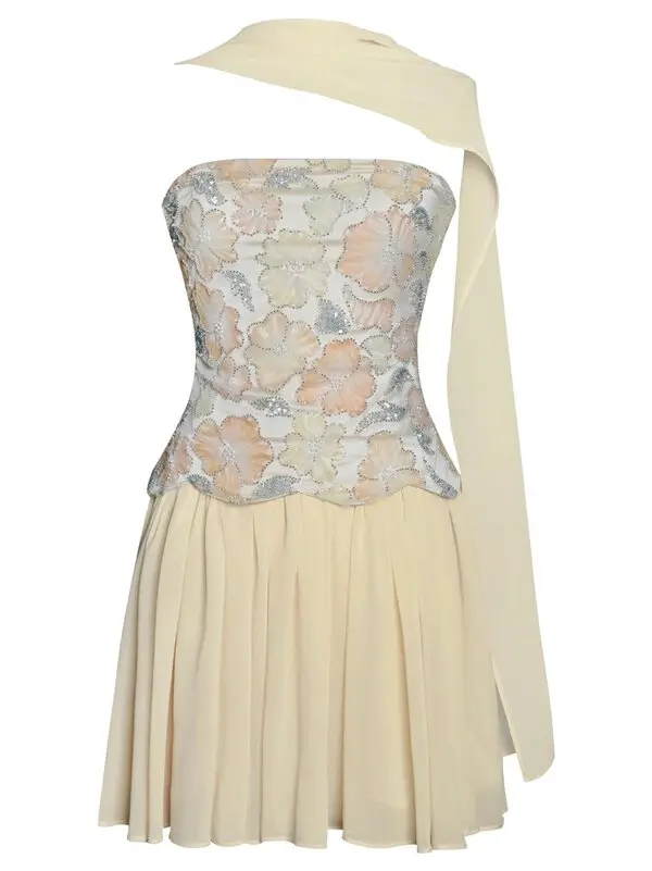 MISS CIRCLE NEW YORK Beaded Floral Mini Chiffon Dress With Scarf - Yellow