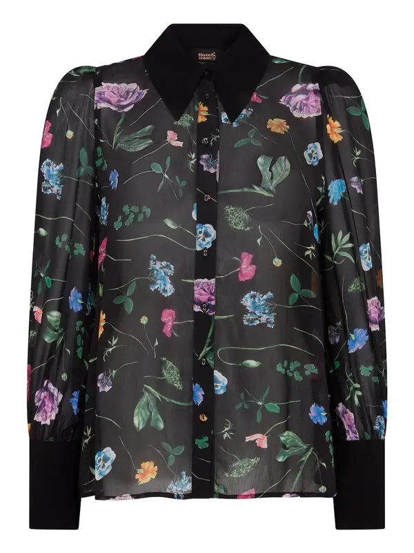 ROSE & NANCY Flora Print Viscose Georgette Shirt - Black