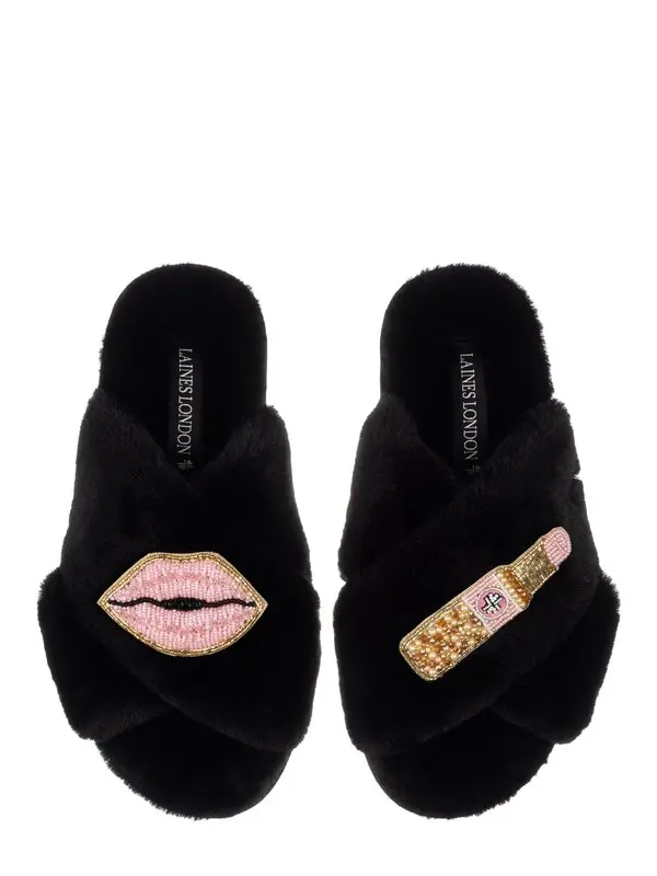LAINES LONDON Classic Slippers With Brooches - Black