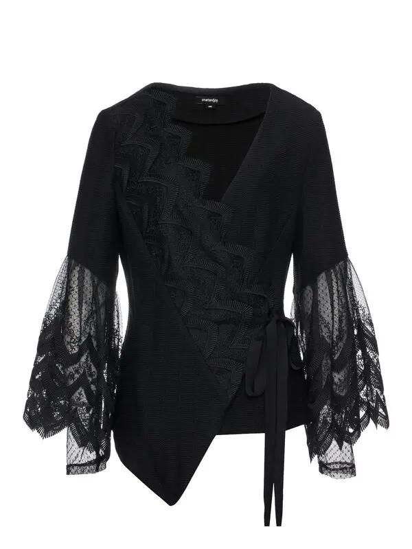 SMART AND JOY Lace Trimmed Knitted Wrap-over Top - Black