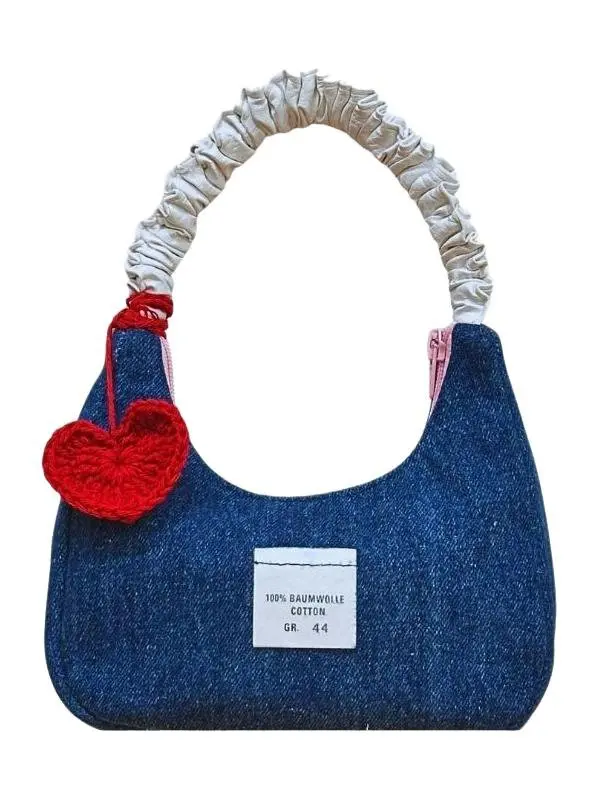 COUTURE TO YOUR DOOR Upcycled Denim Mini Baguette Bag With Crochet Heart Detail - Blue/red/white