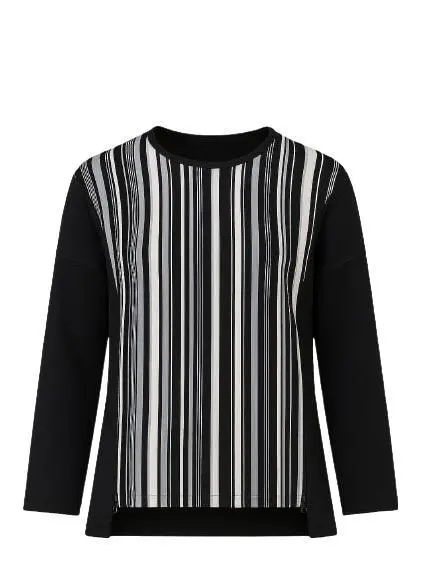 CONQUISTA Striped Long Sleeve Zip Detail Top - Black