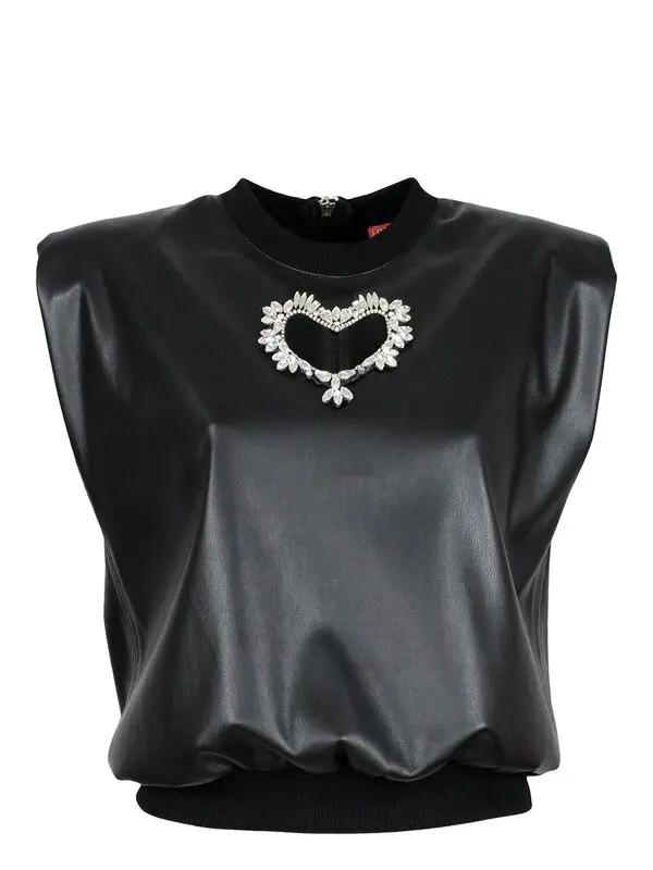 LALIPOP DESIGN Vegan Leather Sleeveless Blouse With Crystal Heart - Black