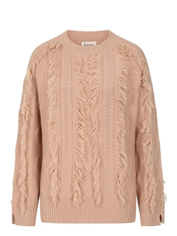 LOOP CASHMERE Fringed Cabled Cashmere Sweater - Brown