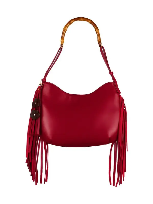 F3ROG BY RANA Gordon Hobo Bag With Fringe And Bamboo Handle - Red