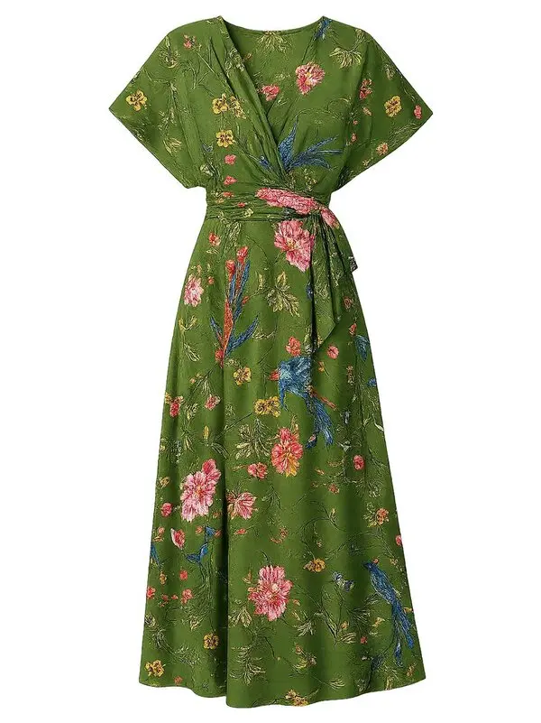 YUMI Floral Print Ruched Waist Kimono Midi Dress - Green