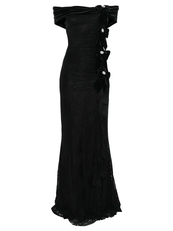 NISSA Bow-detail Lace Maxi Dress - Black