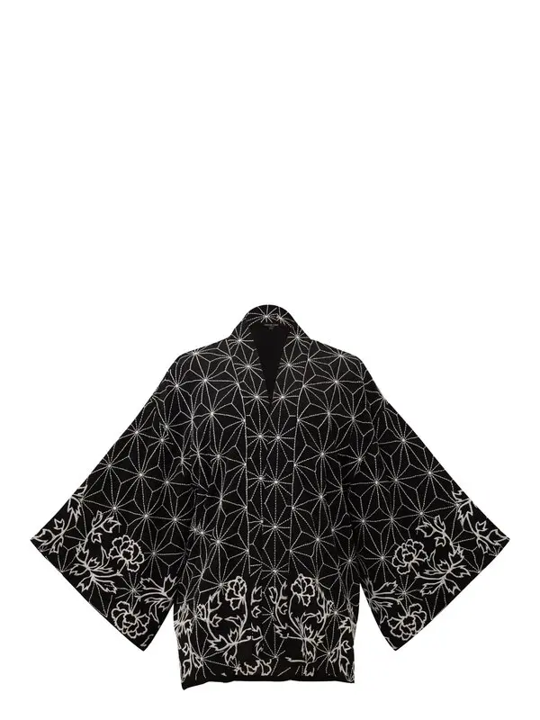 ARTEMIS MUSE Asanoha & Peony Embroidered Short Kimono - Black