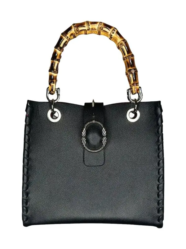 RUJ HERITAGE Pebbled Leather Tote With Bamboo Handles - Black
