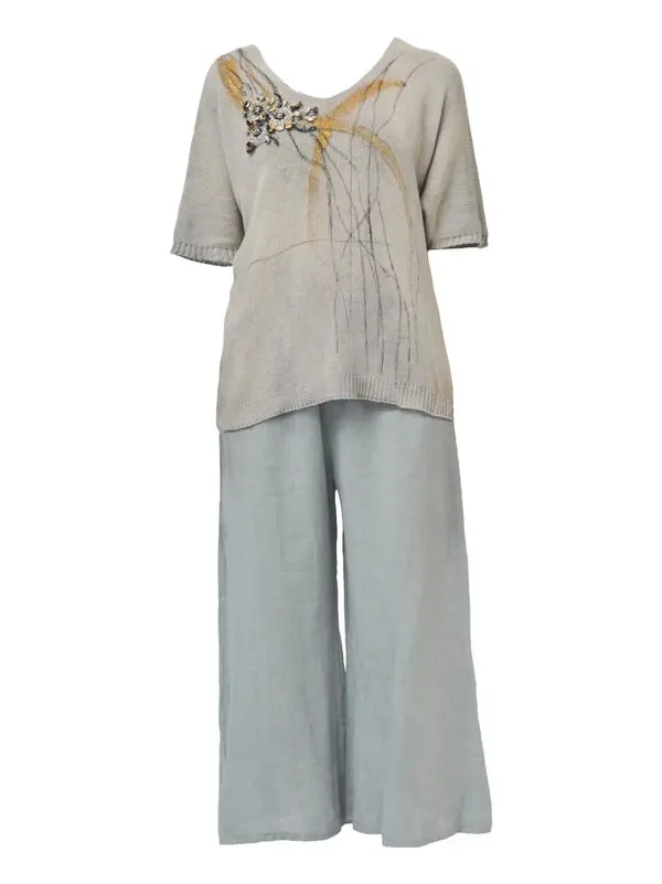 SANIYA KHAN Cotton Knit Top With Beading - Gray/yellow
