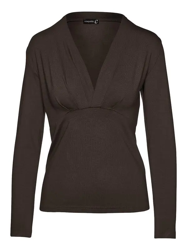 CONQUISTA Long Sleeve Faux Wrap Top - Brown