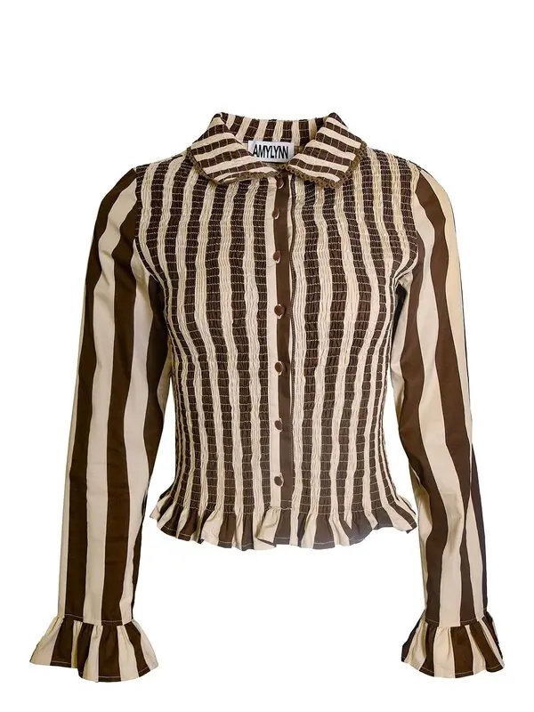 AMY LYNN Yasmine Cotton Stripe Smocked Shirt - Brown