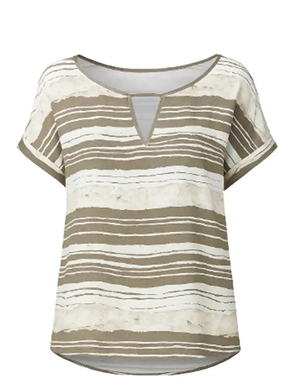 CONQUISTA Short Sleeve Striped Keyhole Top - Green