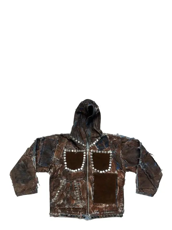 ZASTASTUDIO Shred Couture Studded Denim Hoodie Jacket - Brown