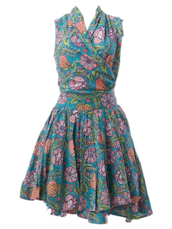 WILD ROSE Hand Block Print Wrap Dress - Blue