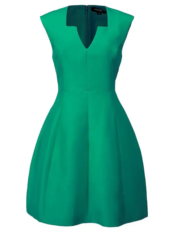 SMART AND JOY Fit-and-flare Satin Short Dress Square V Neckline - Green