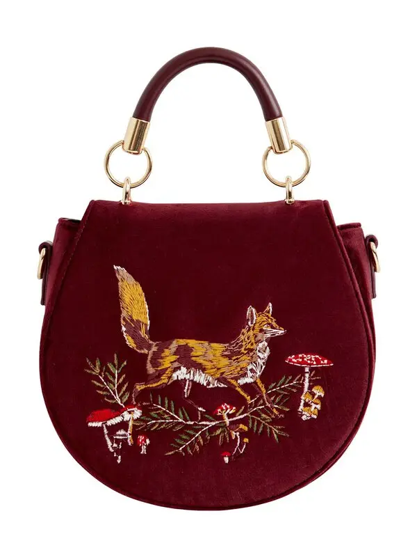 FABLE ENGLAND Fox & Mushroom Embroidered Saddle Bag - Red