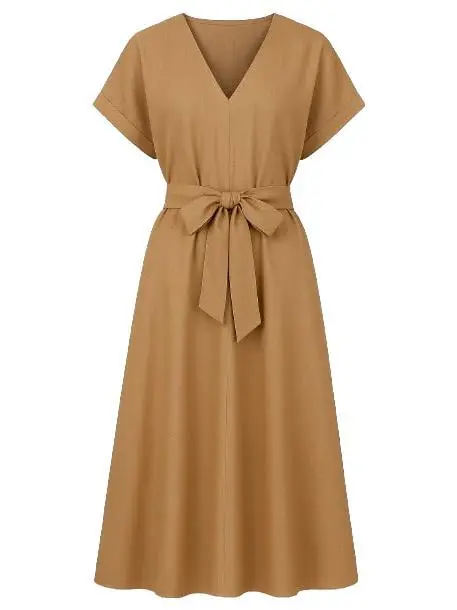 CONQUISTA Belted Linen-style Midi Dress - Brown
