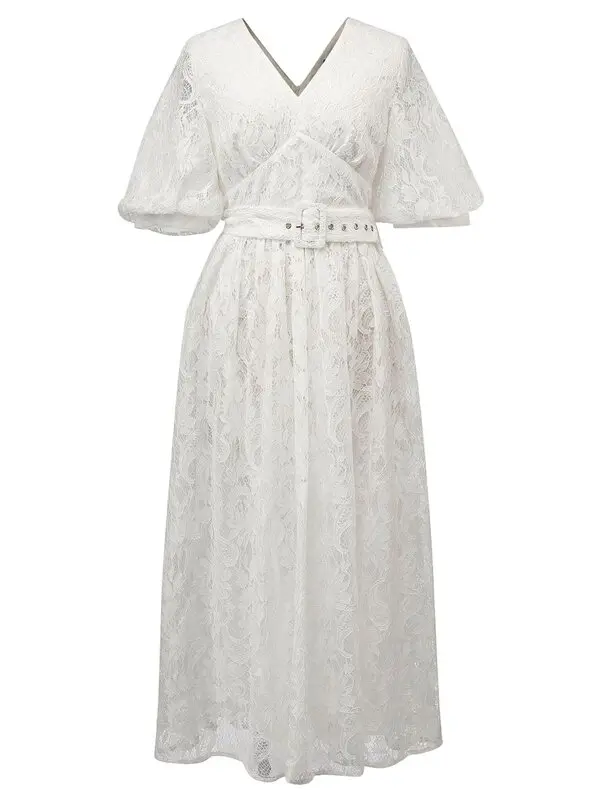 SMART AND JOY All-lace Puffy Sleeves Dress With Belt - White